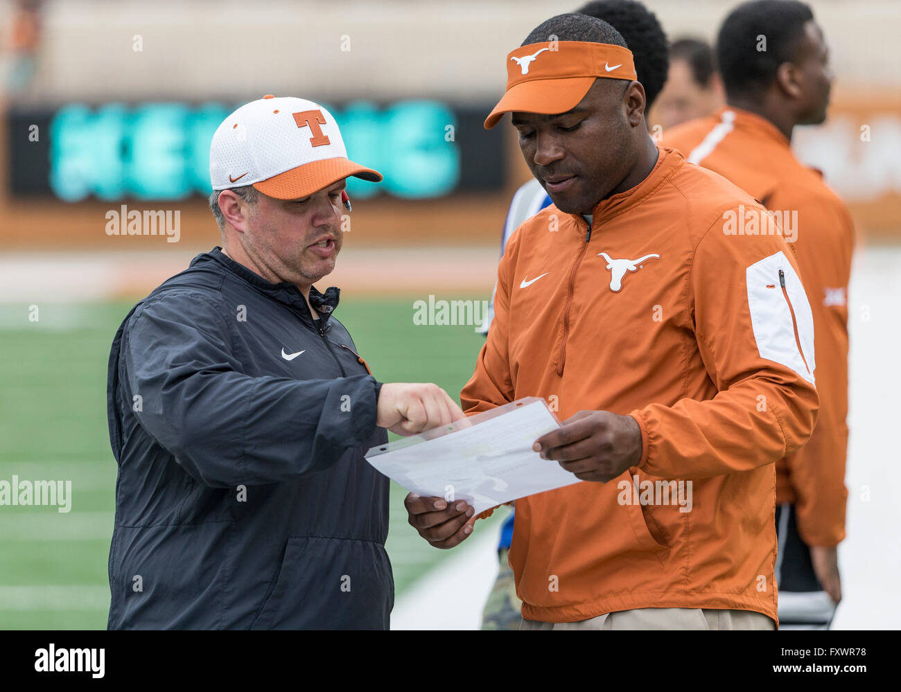 April 16, 2016: Texas Longhorns offensive line coach Mike Mattox and ...
