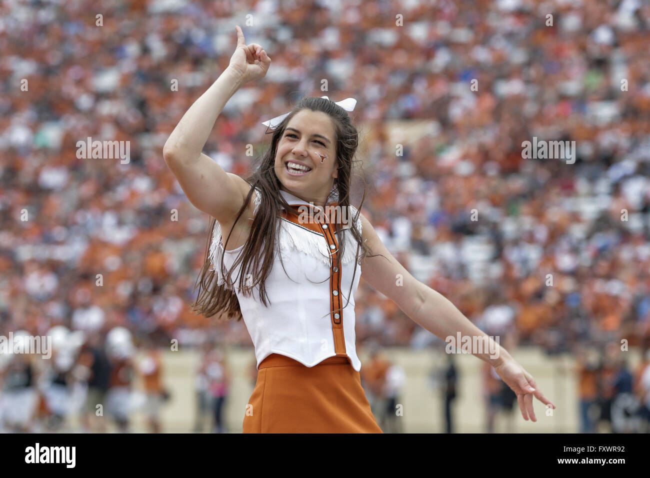 April 16, 2016: Texas Longhorns cheerleaders perform during the Orange ...