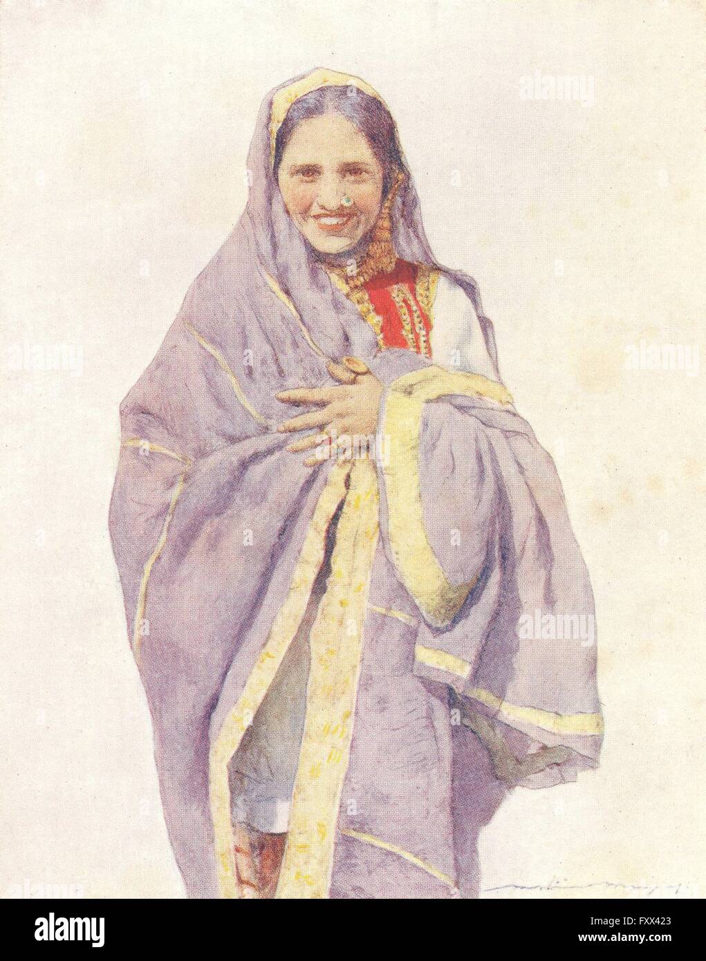 INDIA: Indian lady wearing purple Sari, smiling, antique print 1905 ...