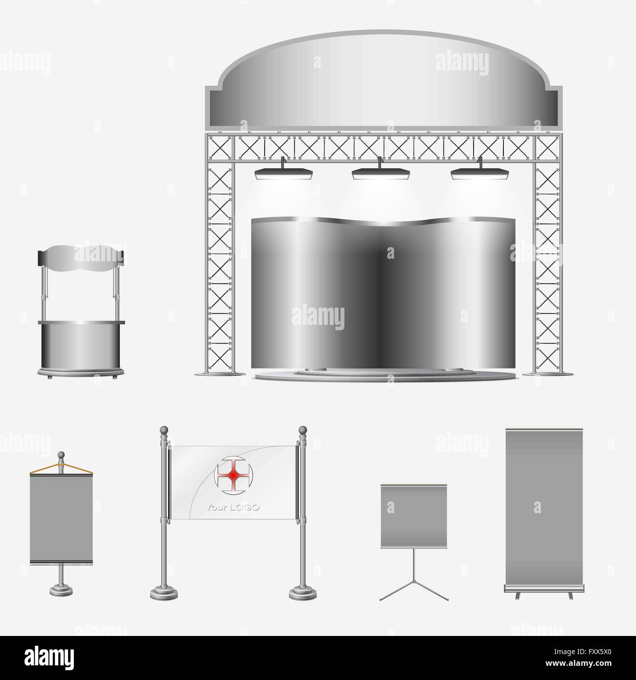 Illustrated unique creative exhibition stand display design with table ...