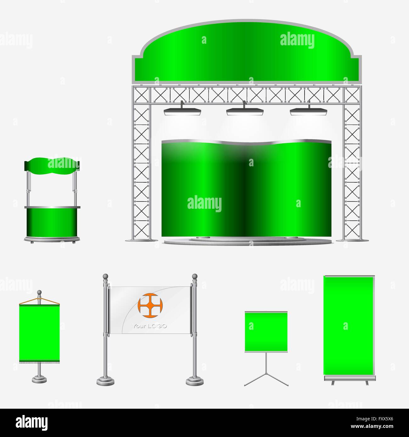 Illustrated unique creative exhibition stand display design with table ...