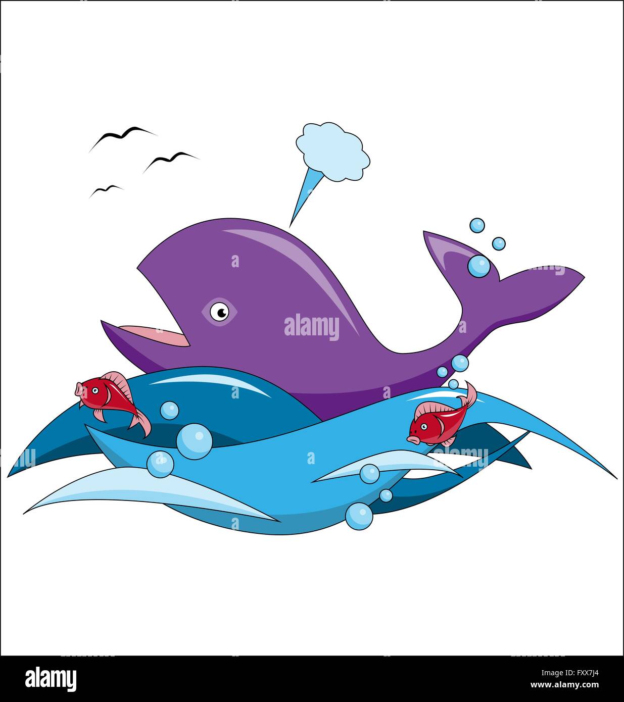 Cartoon whale and fish swim in the ocean. Vector illustration Stock ...