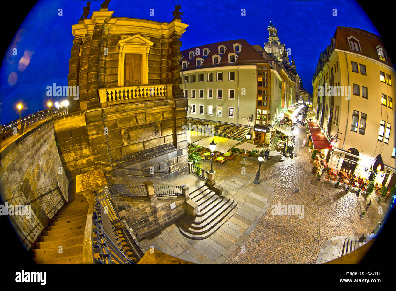 Dresden night life shot from the Bruhl's Terrace (German: Bruhlsche ...