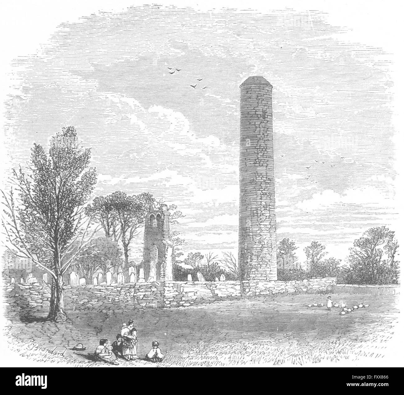 IRELAND: Round tower of Donaghmore, antique print 1888 Stock Photo - Alamy