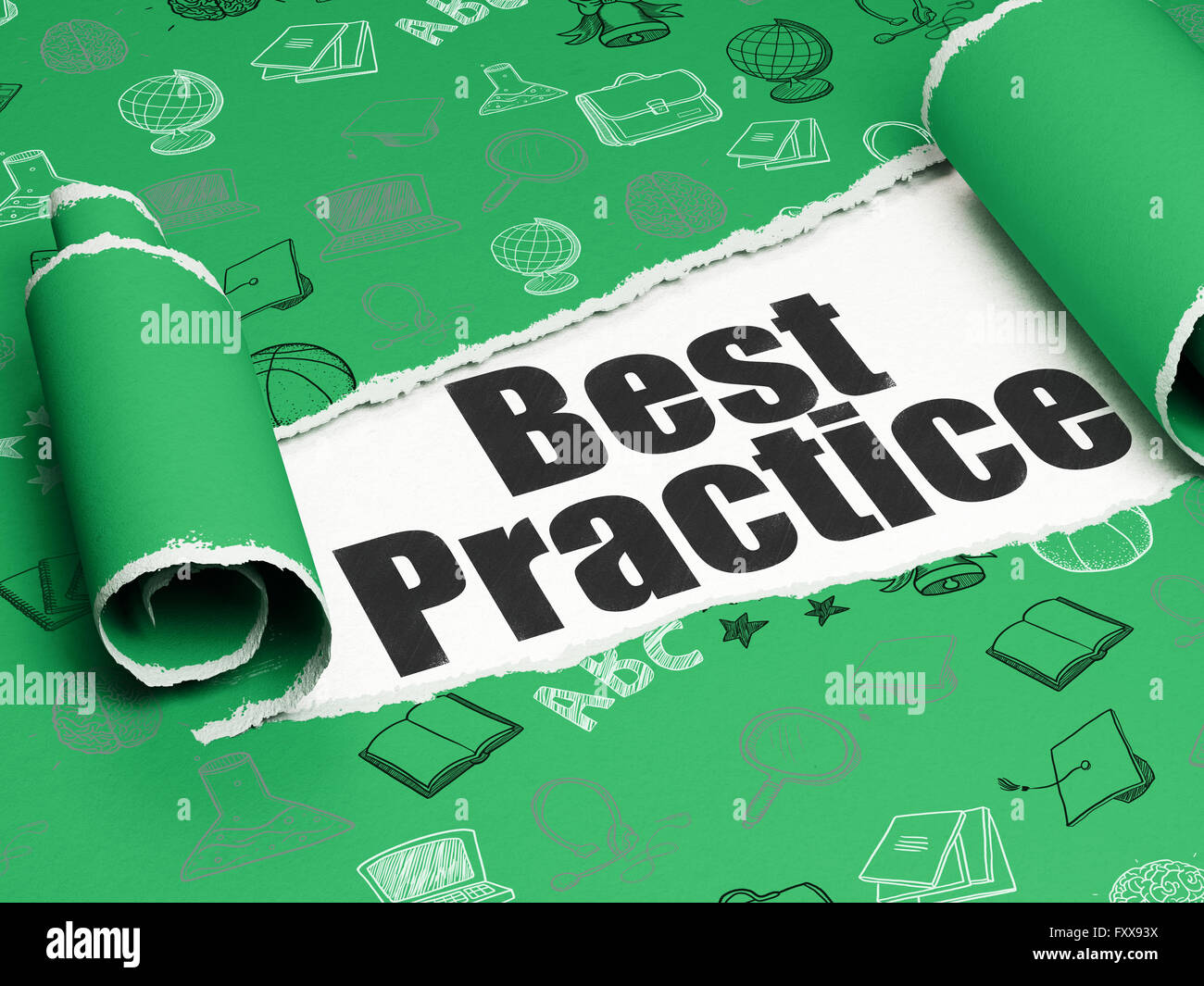Education concept: black text Best Practice under the piece of torn ...