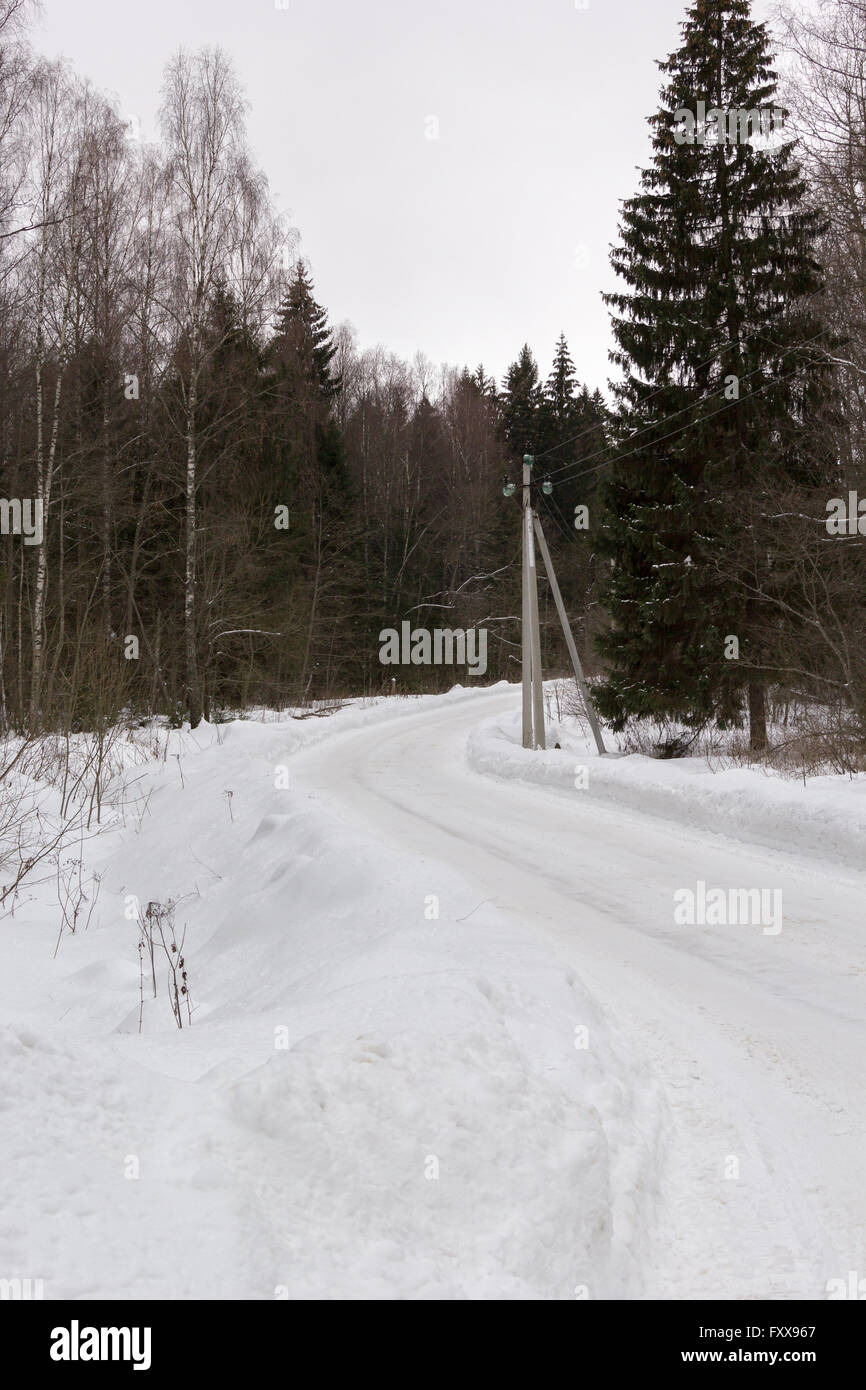 country road turn in the snowy winter forest Stock Photo - Alamy