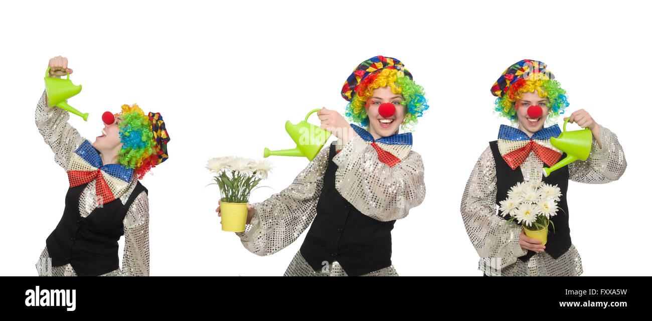 Female clown with watering can isolated on white Stock Photo - Alamy