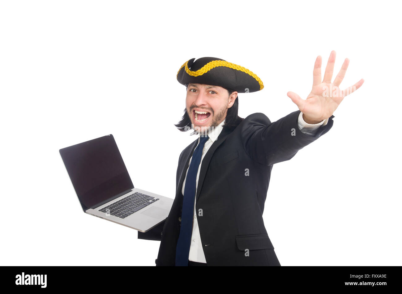Pirate businessman holding laptop isolated on white Stock Photo - Alamy