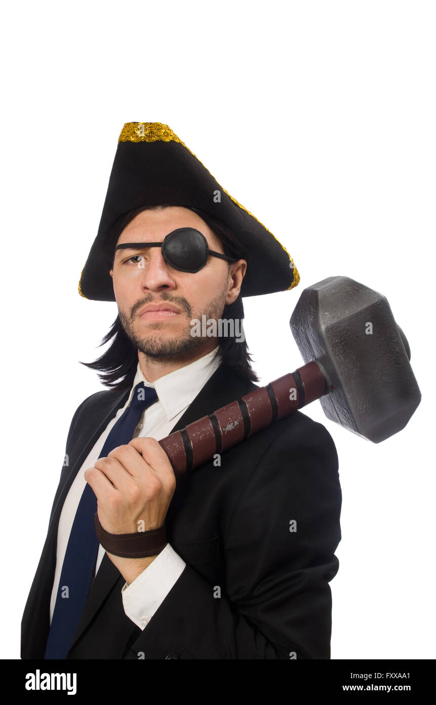 Pirate businessman holding hammer isolated on white Stock Photo - Alamy