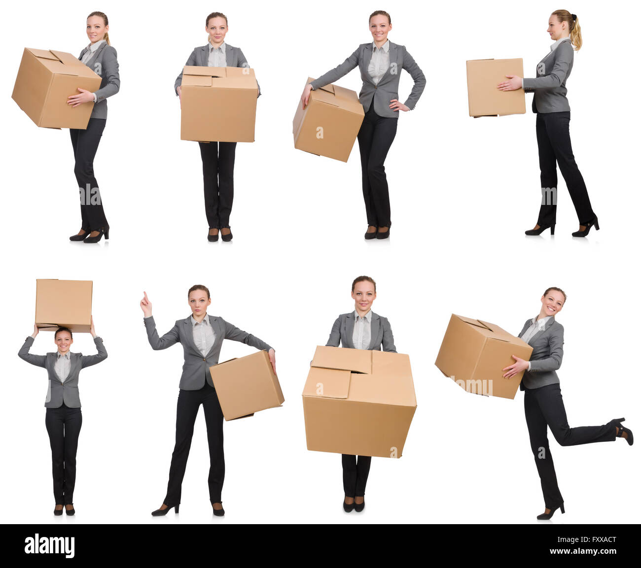 Composite image of woman with boxes on white Stock Photo - Alamy
