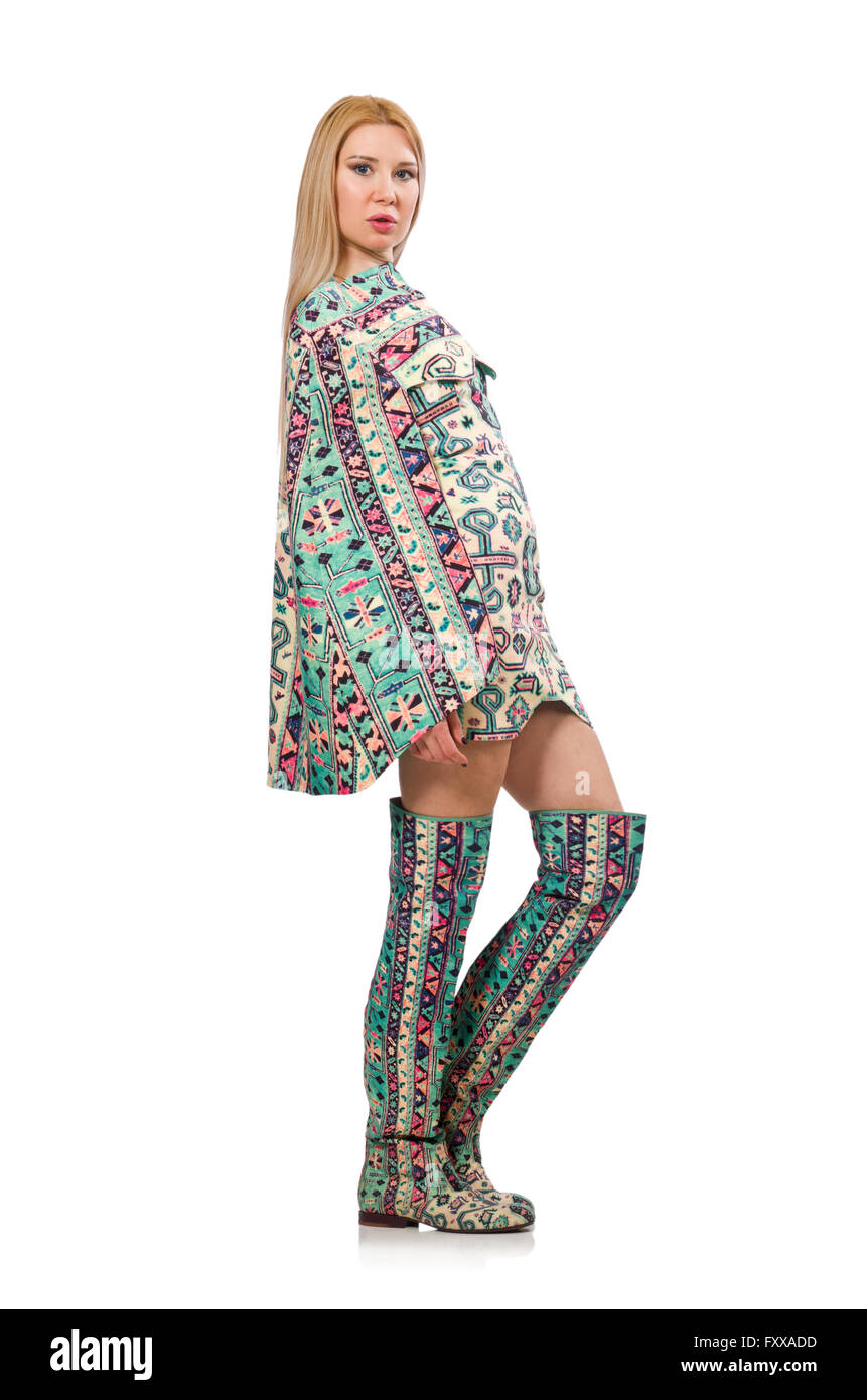 Model wearing dress with Azerbaijani carpet elements isolated on white ...