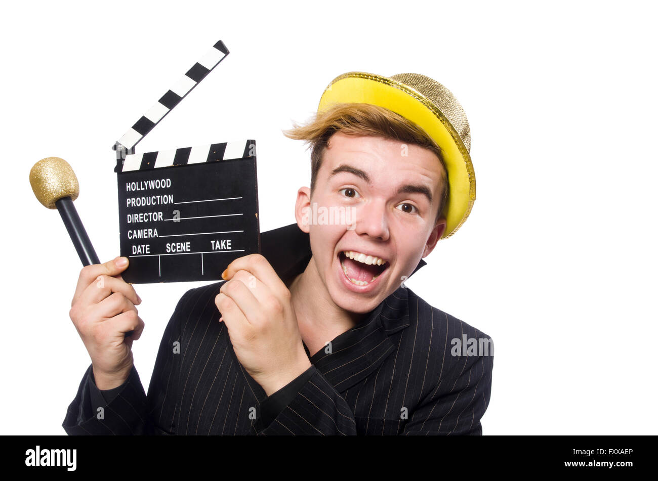 Funny man with movie clapboard Stock Photo - Alamy