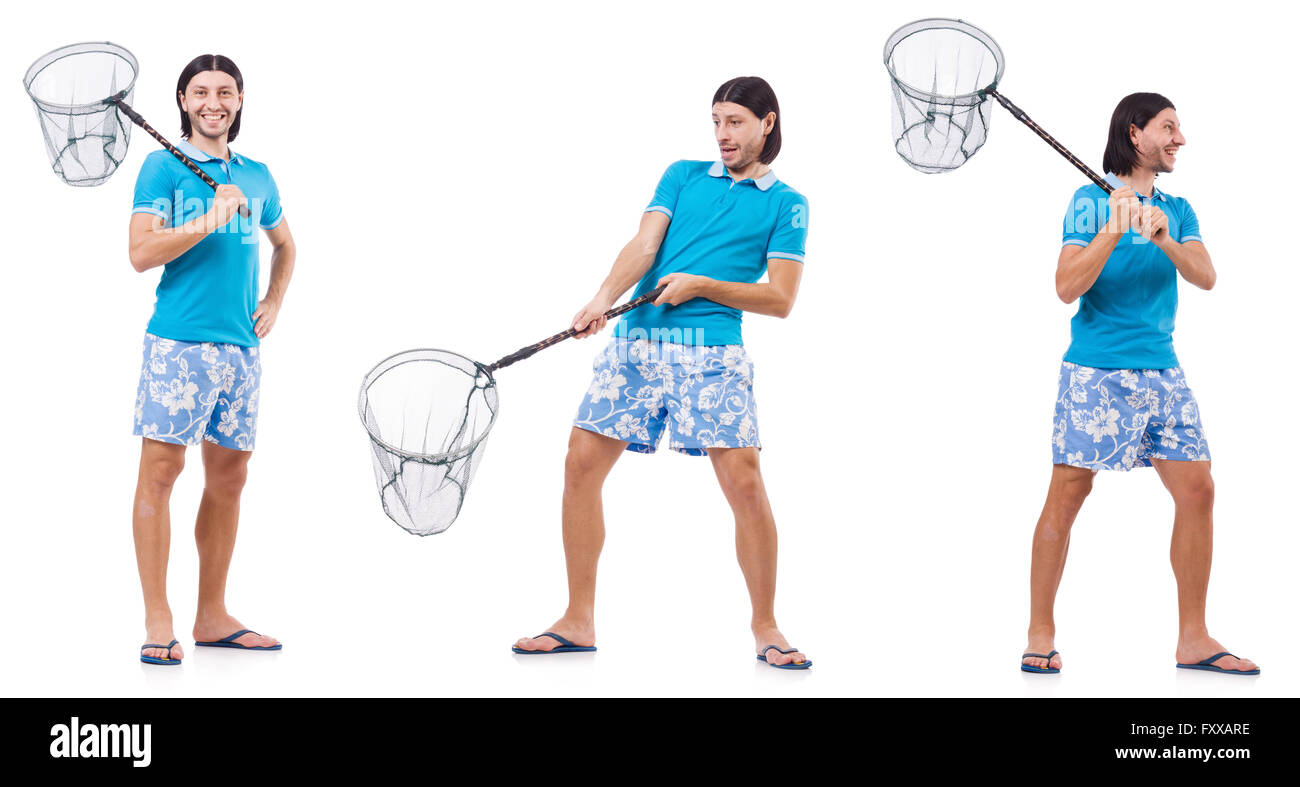 Man with big catching net isolated on white Stock Photo - Alamy