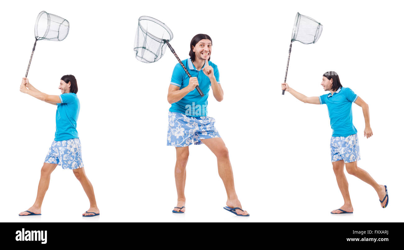 Man with big catching net isolated on white Stock Photo - Alamy