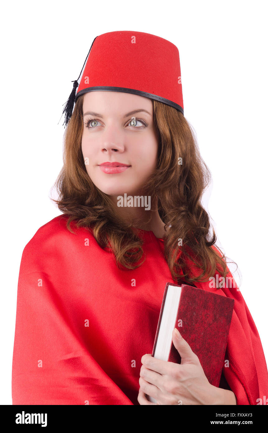 Woman wearing fez hat isolated on white Stock Photo - Alamy