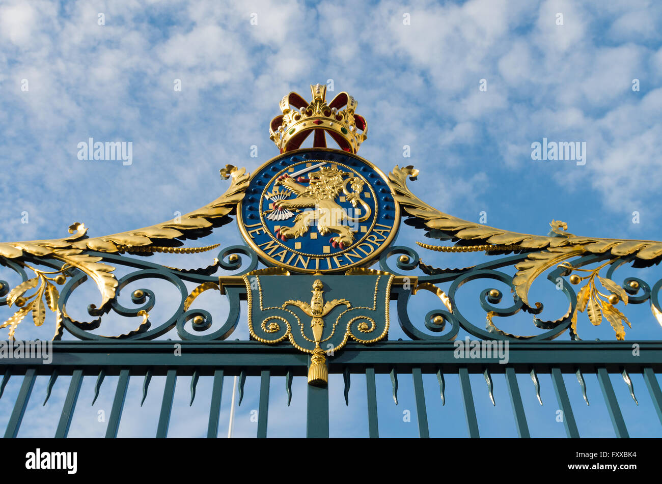 Gate with Royal Dutch emblem of the Noordeinde Palace in The Hague ...
