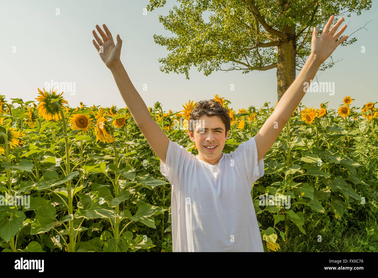 Open air and open arms – Caucasian boy is raising his arms in front of ...