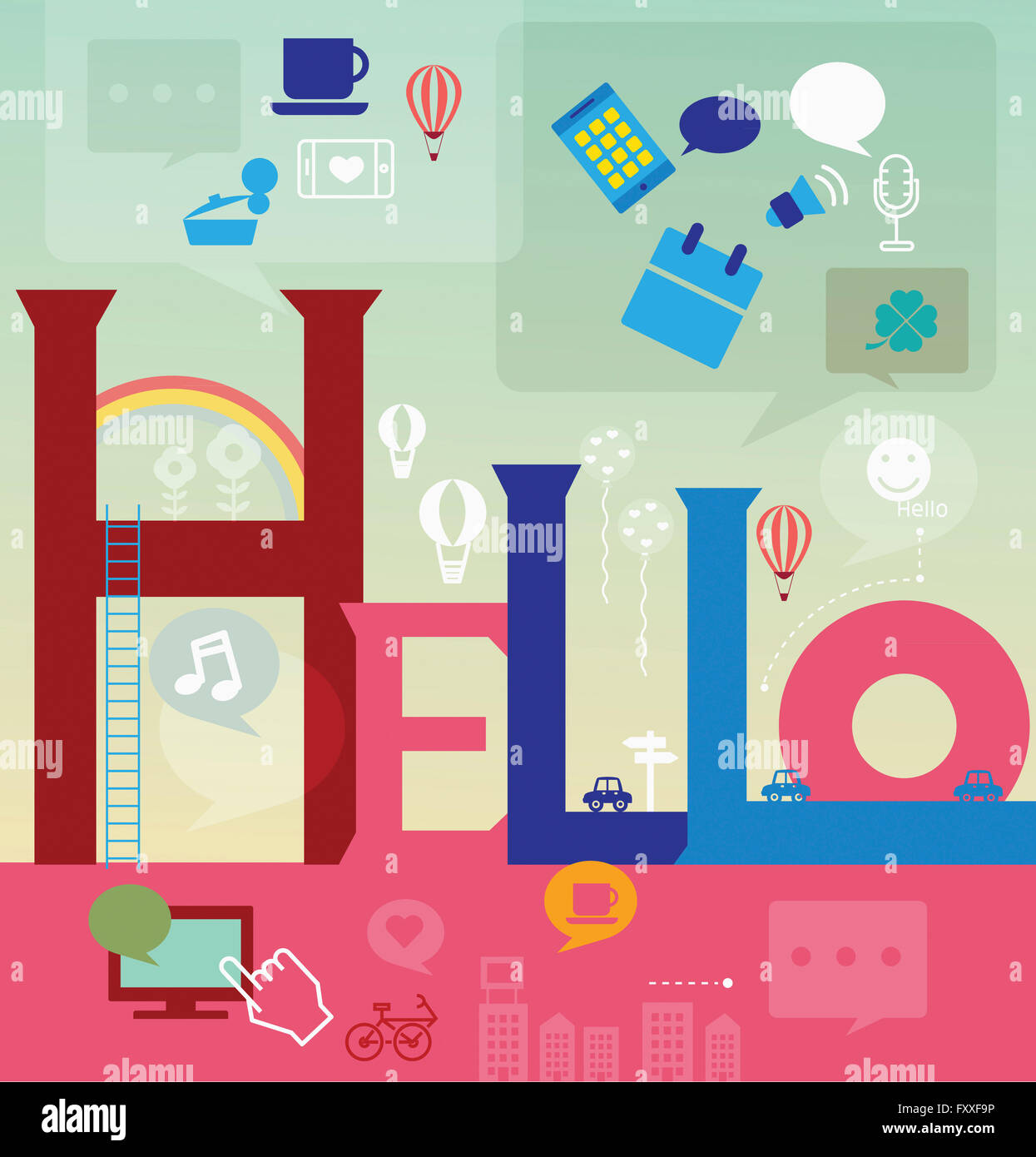 Typographic word of HELLO with infographic icons related to ...