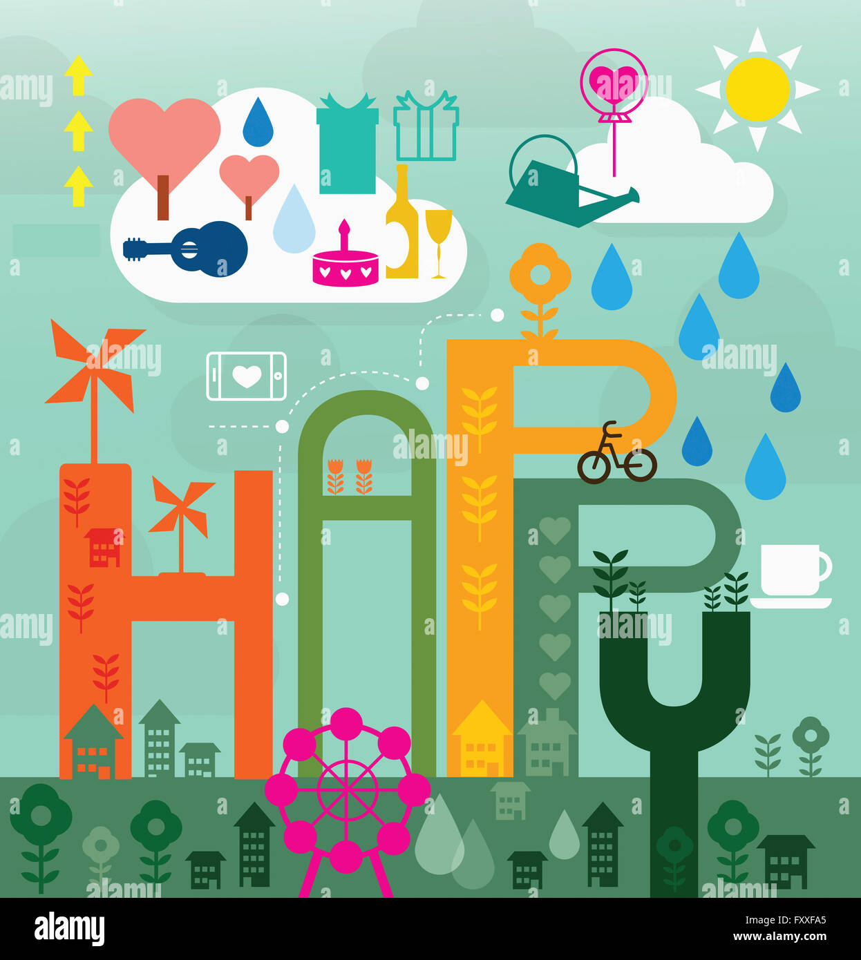 Typographic word of HAPPY with infographic icons Stock Photo - Alamy