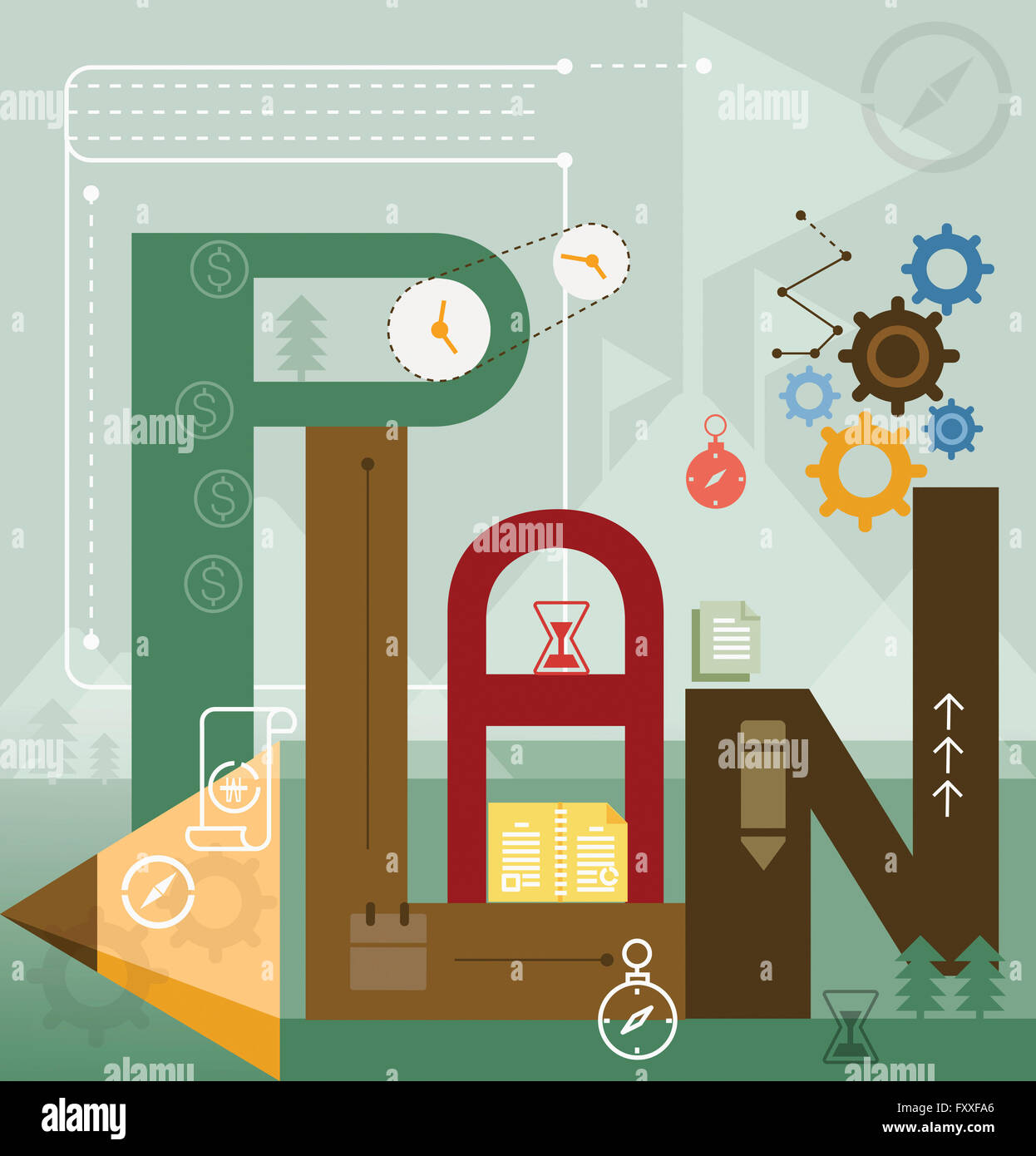 Typographic word of PLAN with infographic icons related to education ...