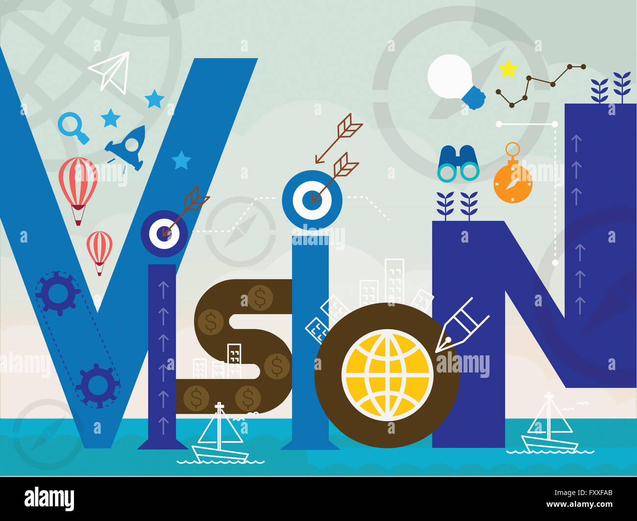Typographic word of VISION with infographic icons related to future ...