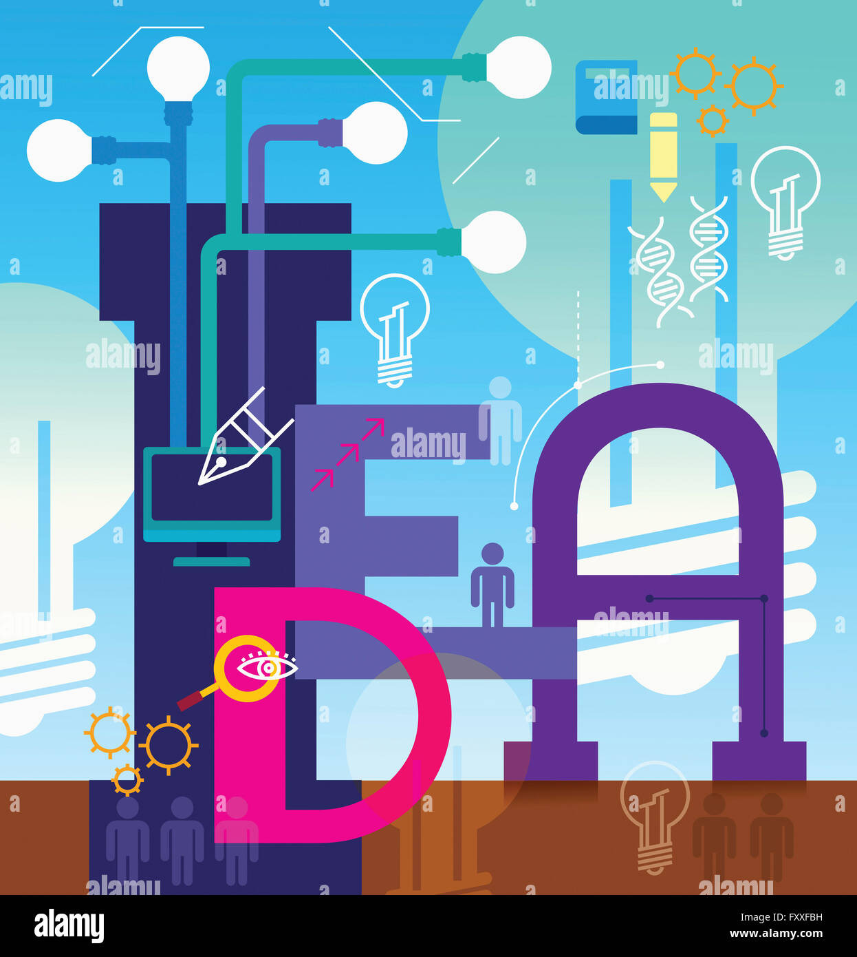 Typographic word of IDEA with infographic lightbulbs and icons related ...