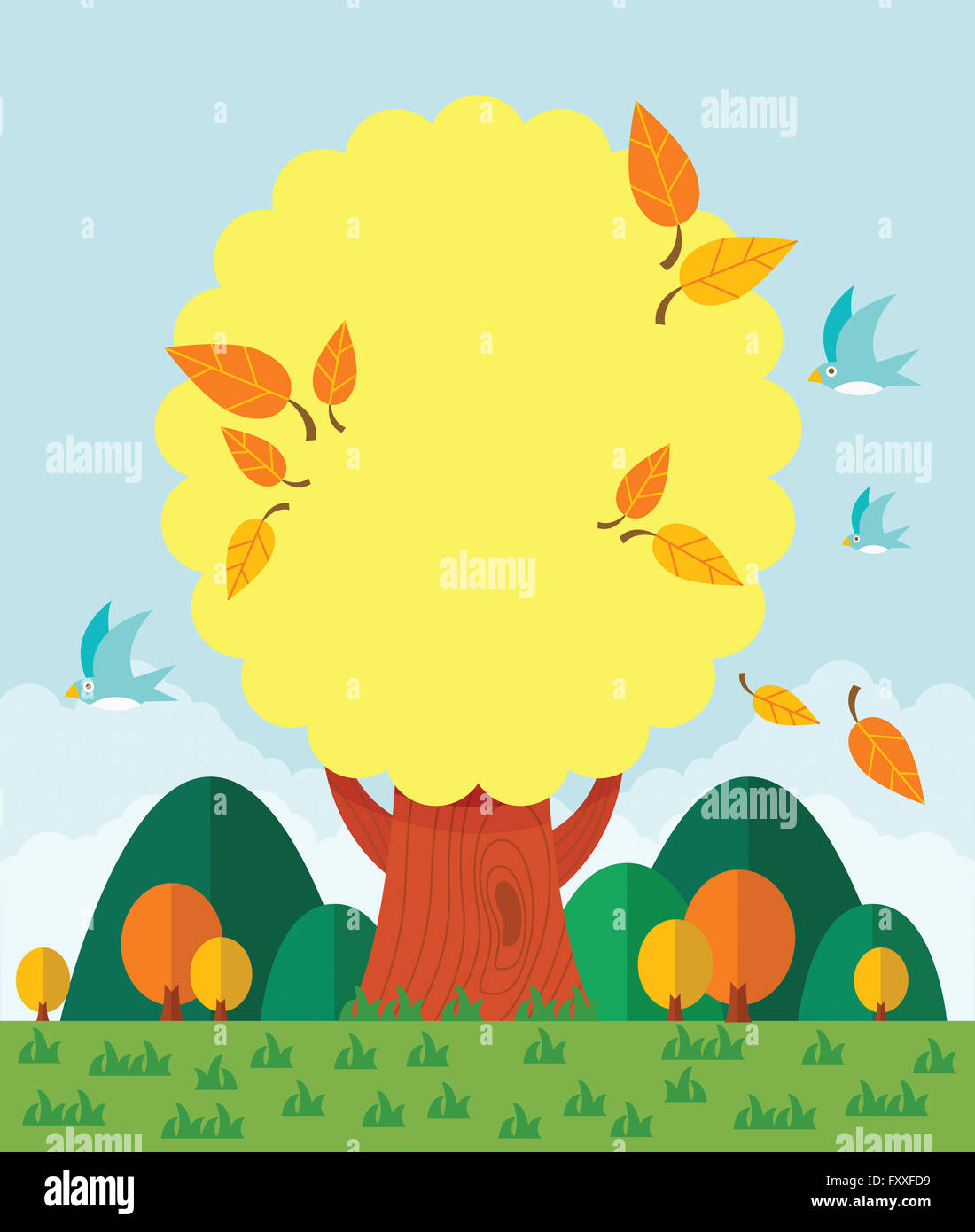 Background of fall with trees, mountains, fallen leaves and birds Stock ...