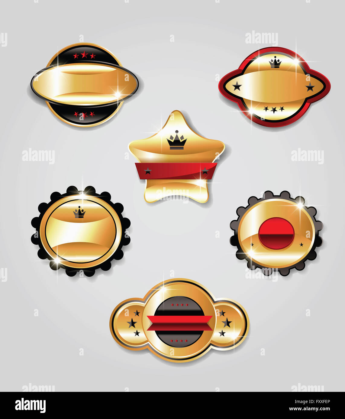 Set of various golden emblem labels glittering with stars or crown ...