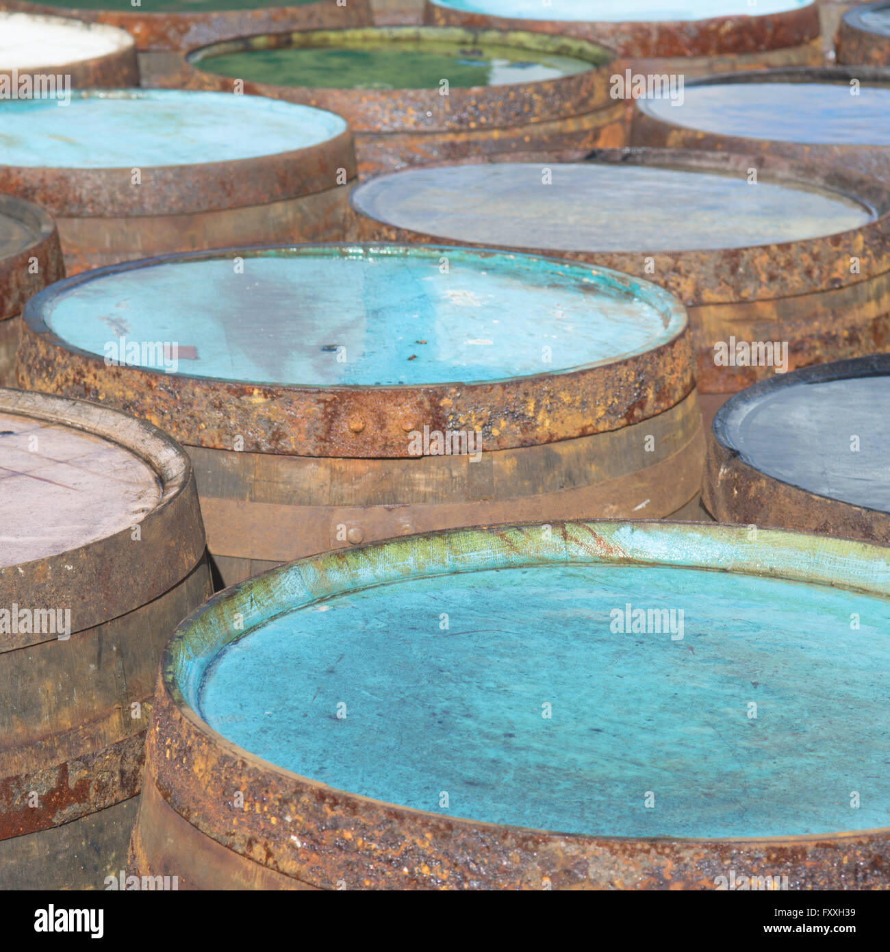 whisky cask barrel ends painted in pastel colours Stock Photo - Alamy