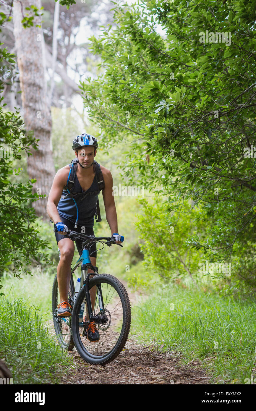 Healthy man riding cycle by plant Stock Photo - Alamy