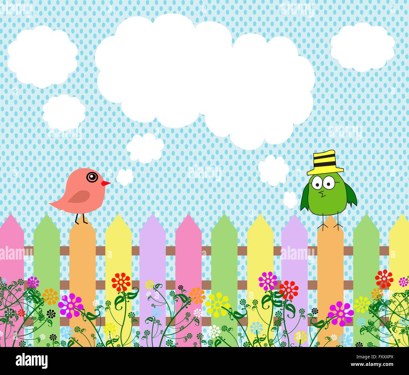 Birds with bubbles speech and garden fence nature Stock Vector Image ...