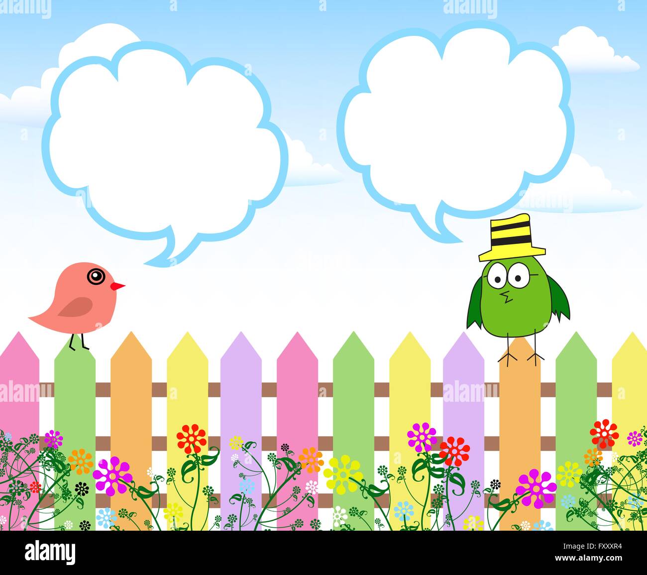 Birds with bubbles speech and garden fence nature Stock Vector Image ...
