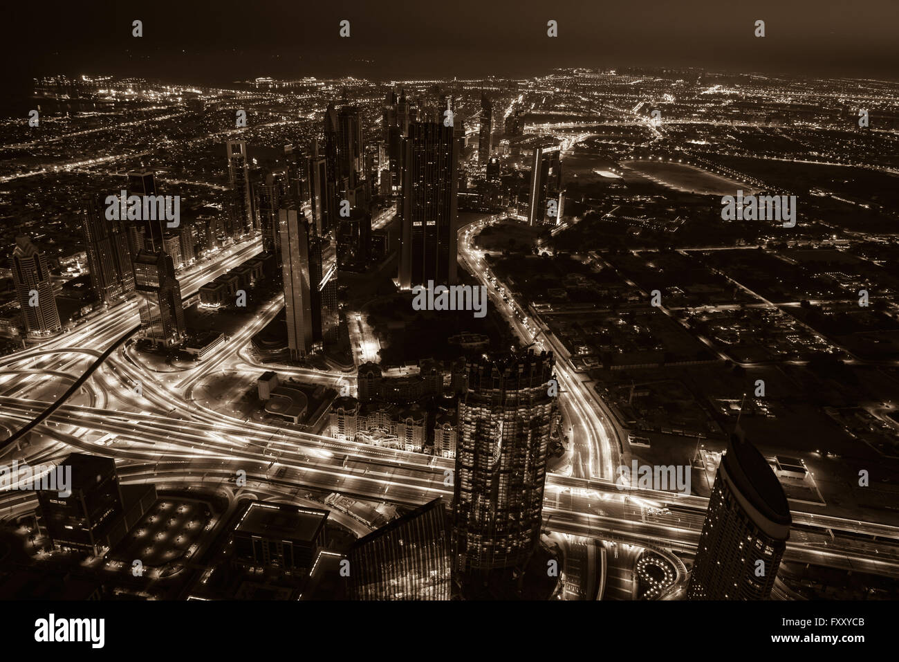 Dubai downtown night scene with city lights. Top view from above Stock ...