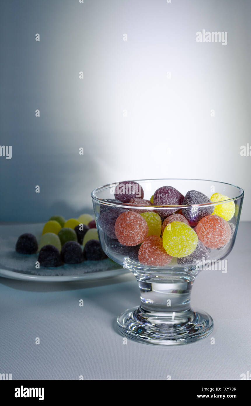 A Studio Photograph of American Hard Gum Sweets in a Clear Stemmed Bowl ...