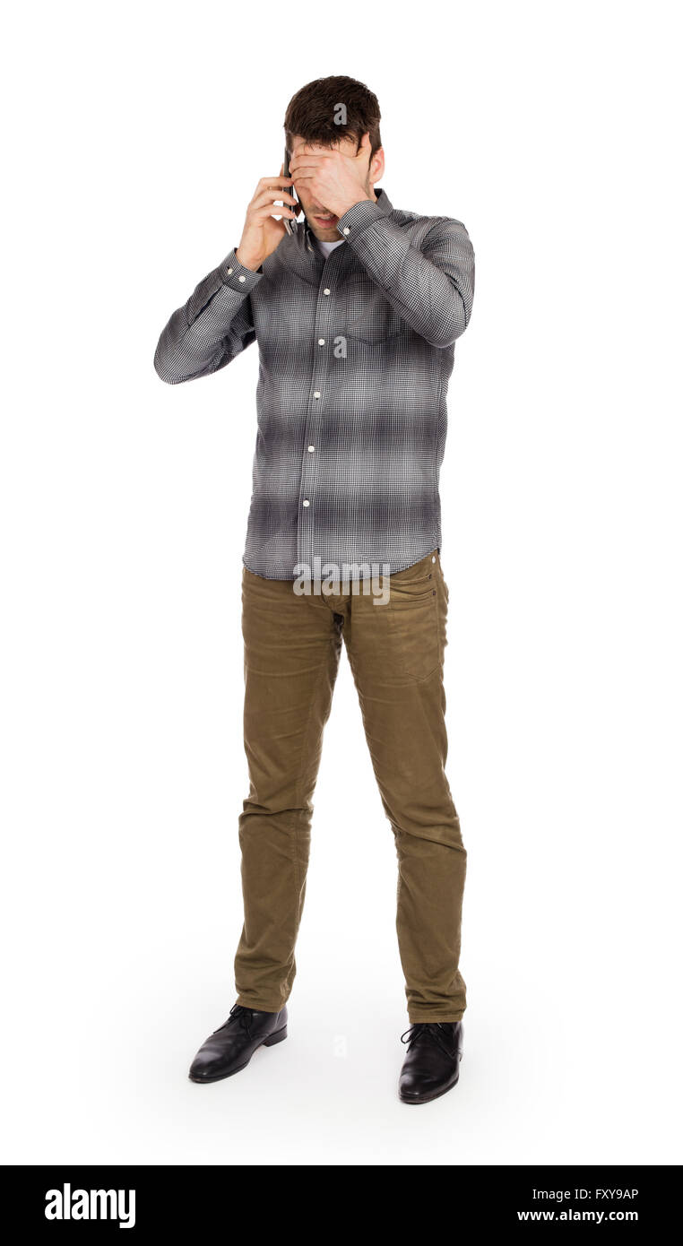 Caucasian man on the phone - confusing phone call, isolated on white ...