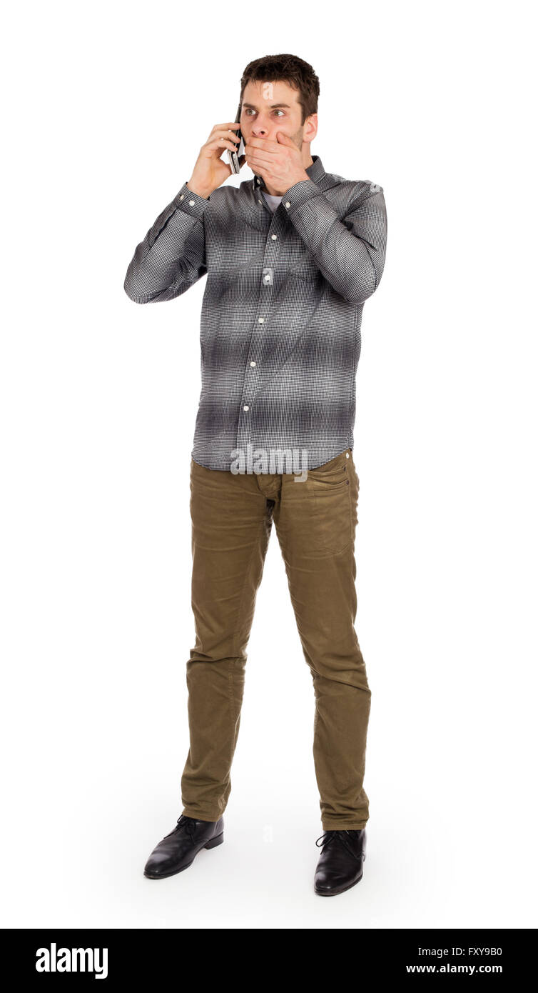 Caucasian man on the phone - bad news phone call, isolated on white ...