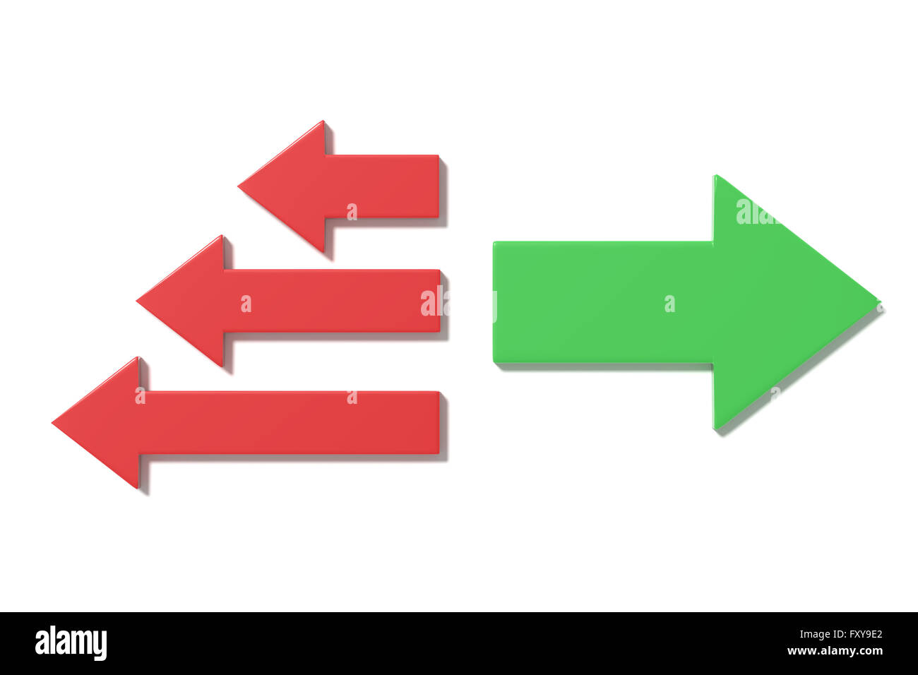 3d rendering of three red arrows and one green in opposite direction on ...