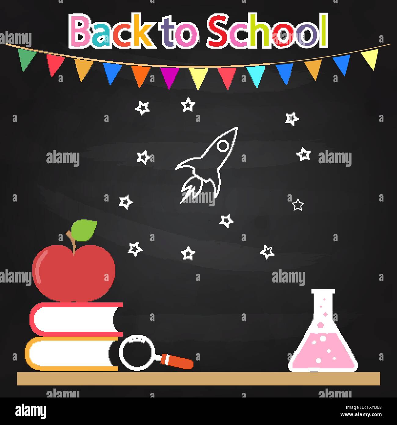 Back to school. Table books apple bulb drawing on blackboard Stock ...
