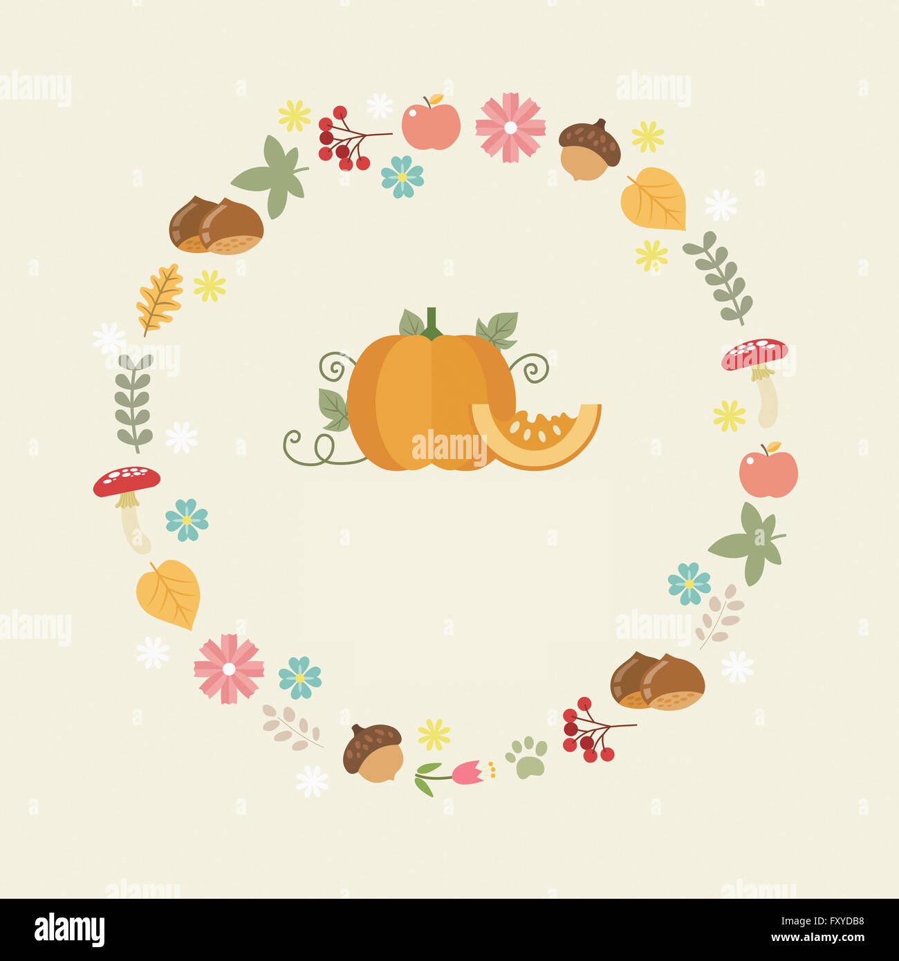 Pumpkins in a circle frame made with fruits, flowers and leaves in fall ...
