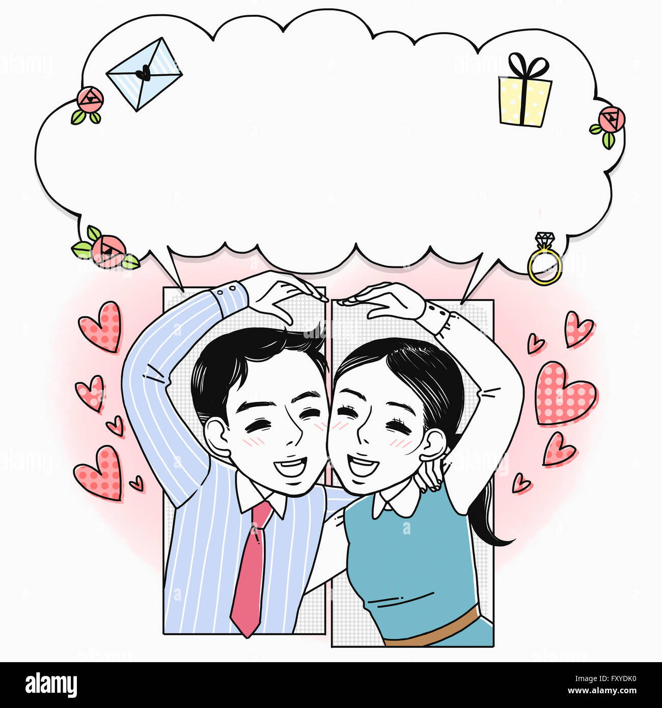 Couple making a heart with arms together with big smiles Stock Photo ...