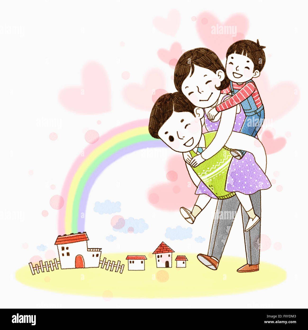 Loving father carrying his wife and son on his back Stock Photo - Alamy