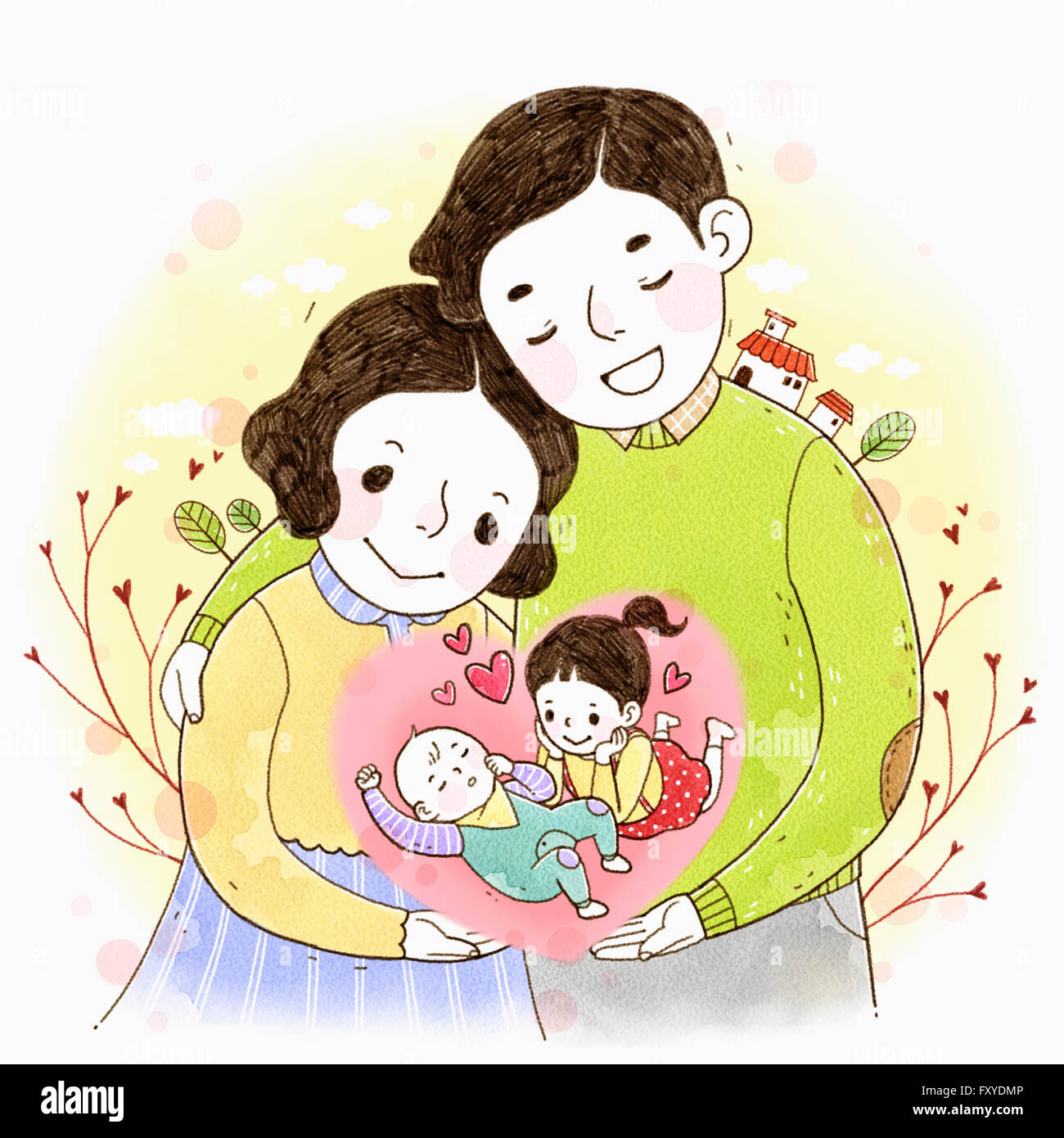 Loving parents protecting thier children in a heart Stock Photo - Alamy