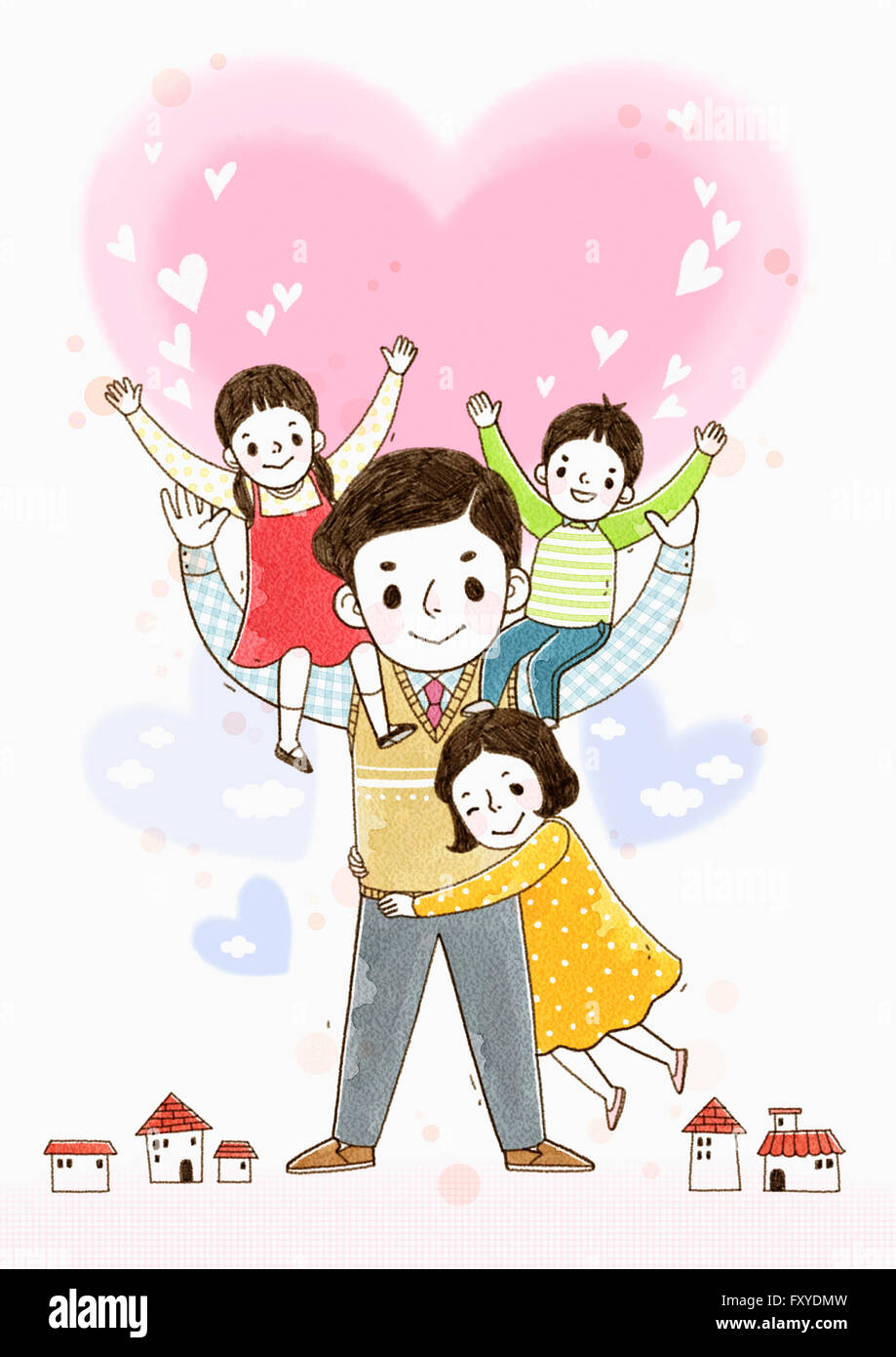 Strong father and his happy family with hearts Stock Photo - Alamy