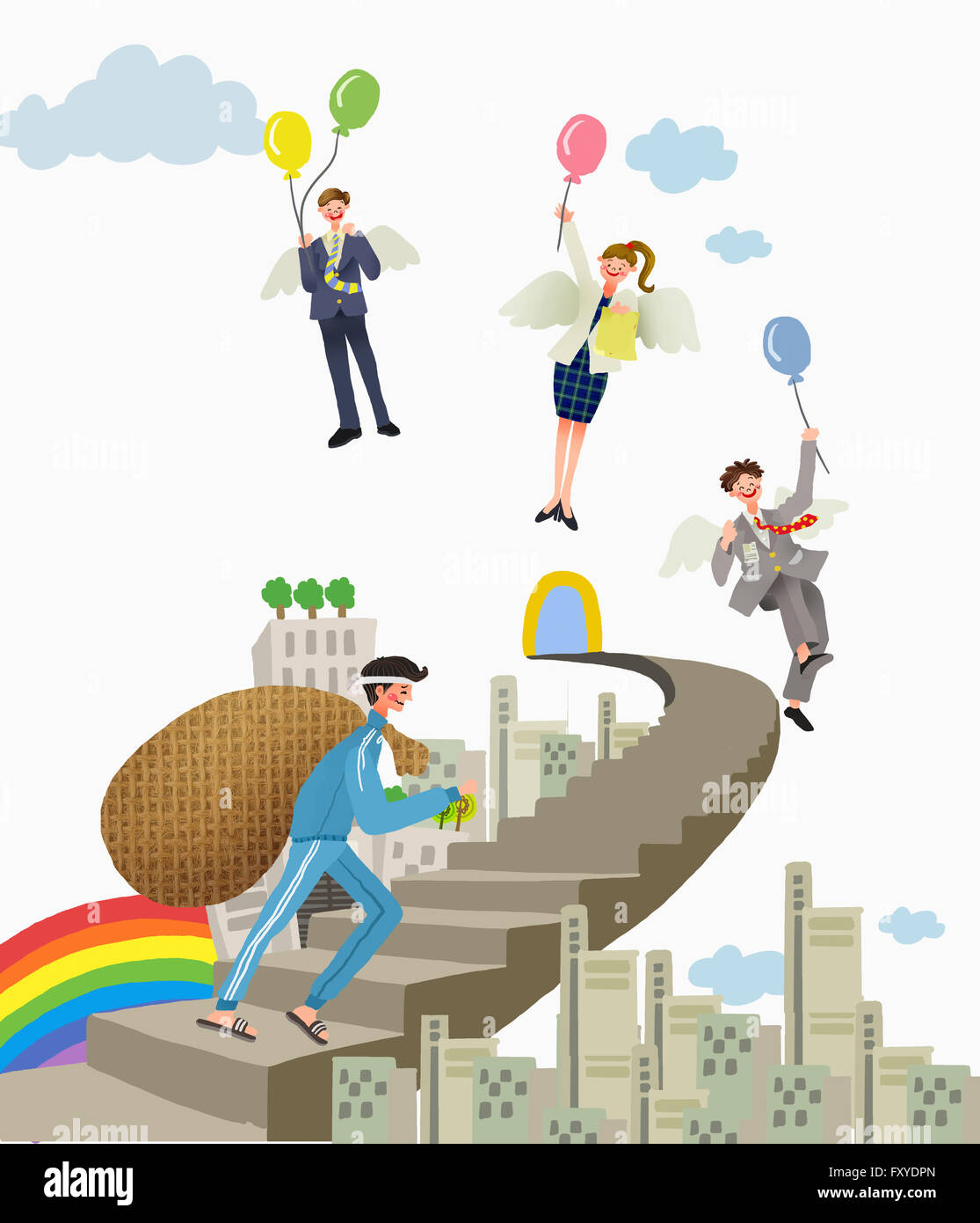 Young man trying to find a job and smiling people succeeding in finding ...