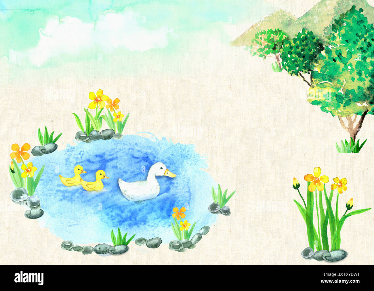 Watercolor background of calendar with ducks in a pond Stock Photo - Alamy