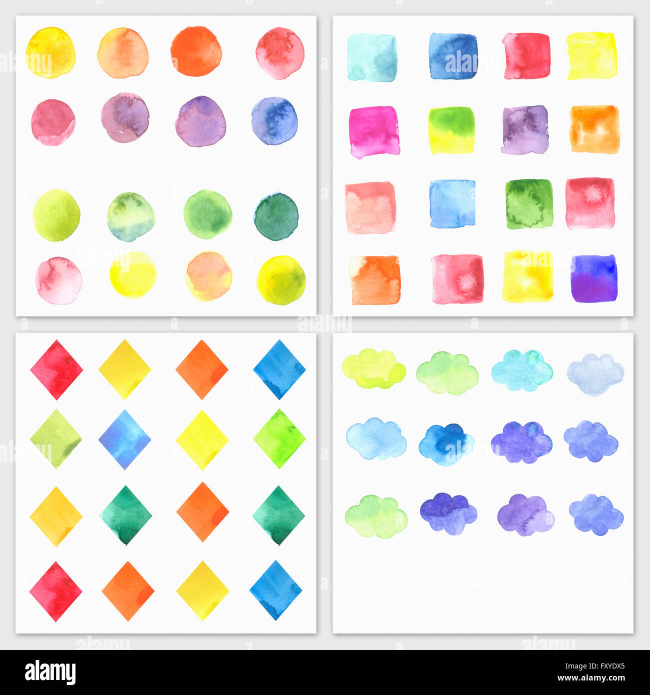 Various colorful watercolor patterns of dots, squares, diamonds and ...