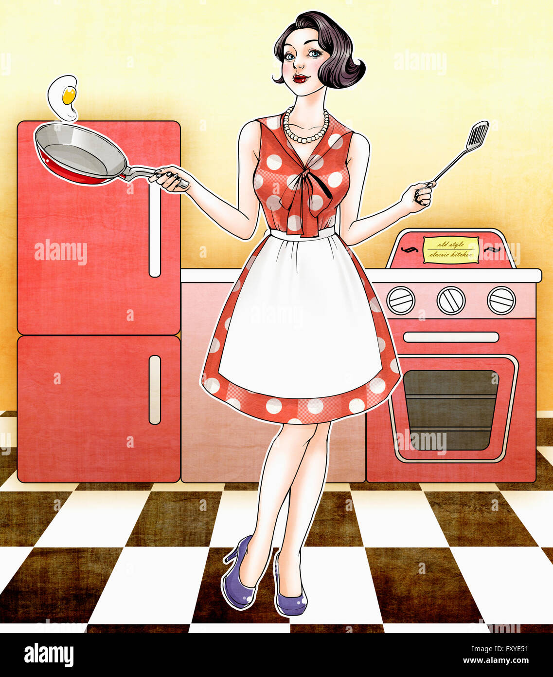 Young woman in retro style posing with a pan and a turner in the ...