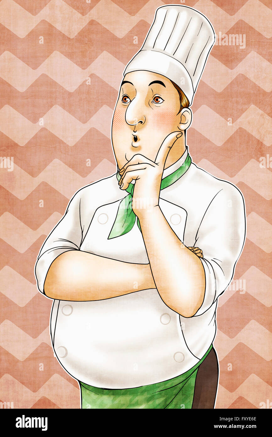 Portrait of a fat male cook standing his index finger up Stock Photo ...