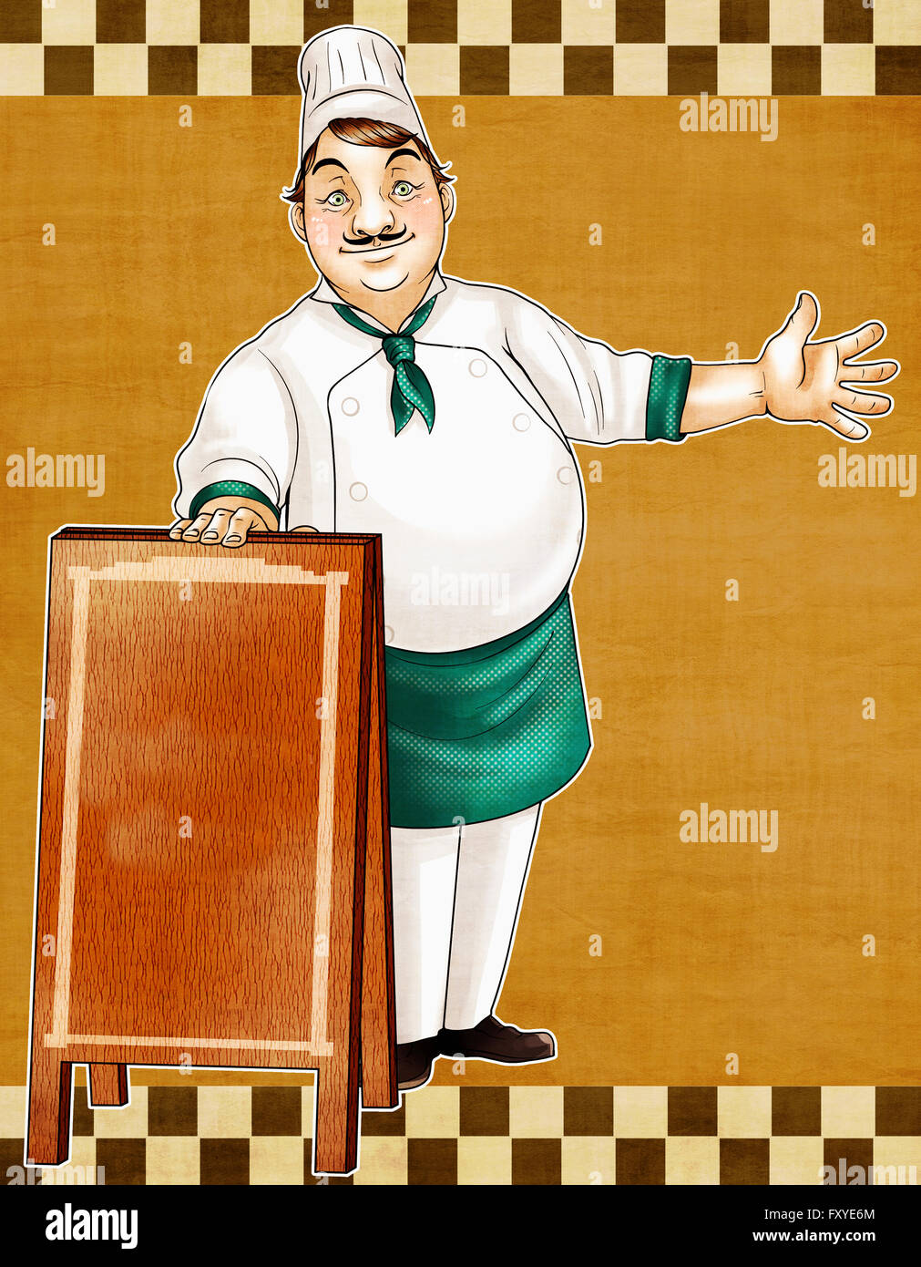 Fat male cook standing and greeting by a standing sign board Stock ...