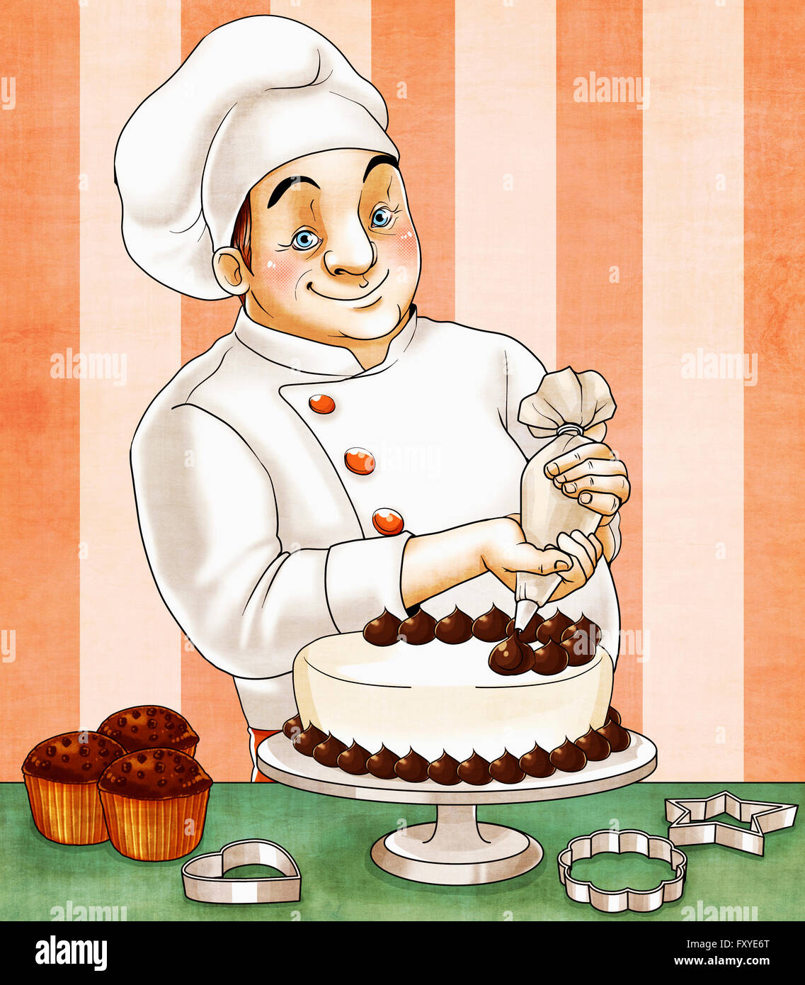 Portrait of male baker in retro style decorating a cake with a smile ...